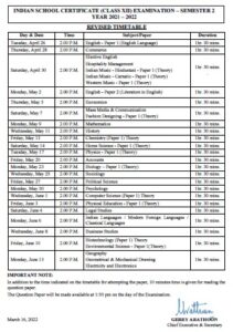Class XII Semester 2 exams revised time table 2022